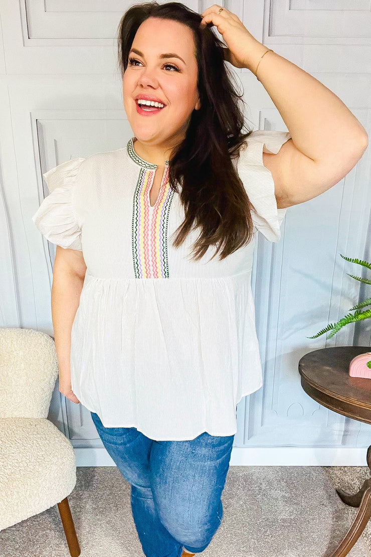 Weekend Ready Taupe Embroidered Notched Neck Babydoll Top – Charming ...