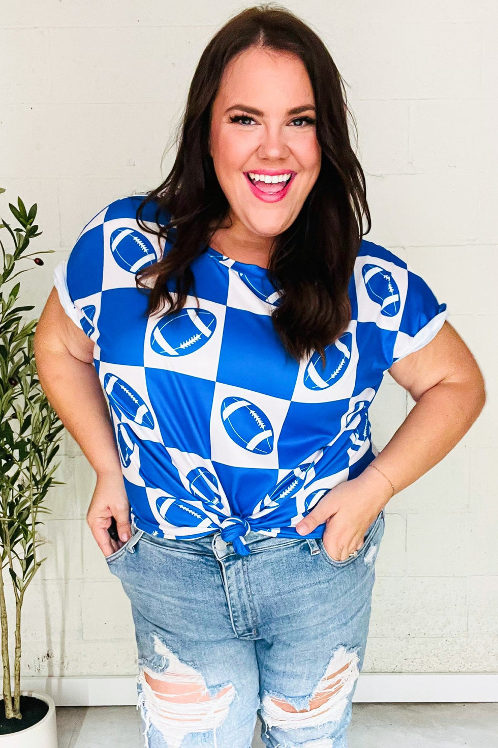 Turn Up The Volume Blue Football Checker Print Top – Charming Charlie