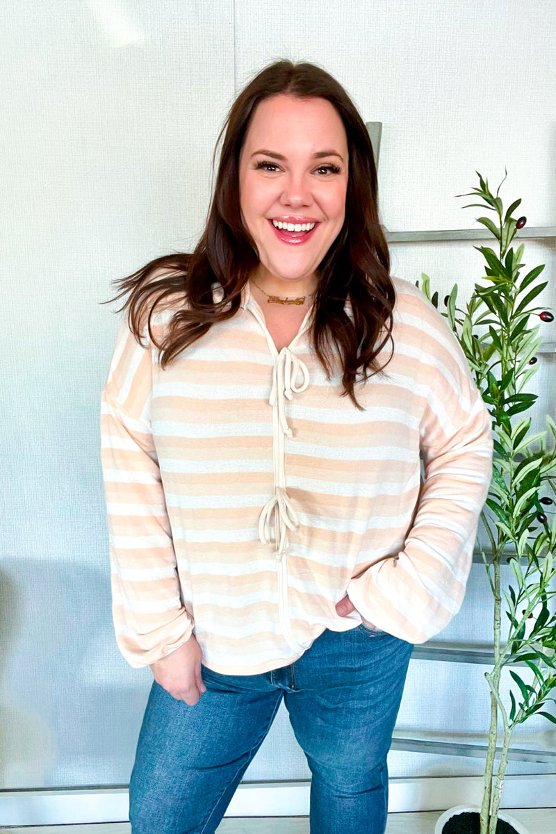 Embrace Joy Beige & Ivory Collar Stripe Bow Tie Terry Top – Charming ...