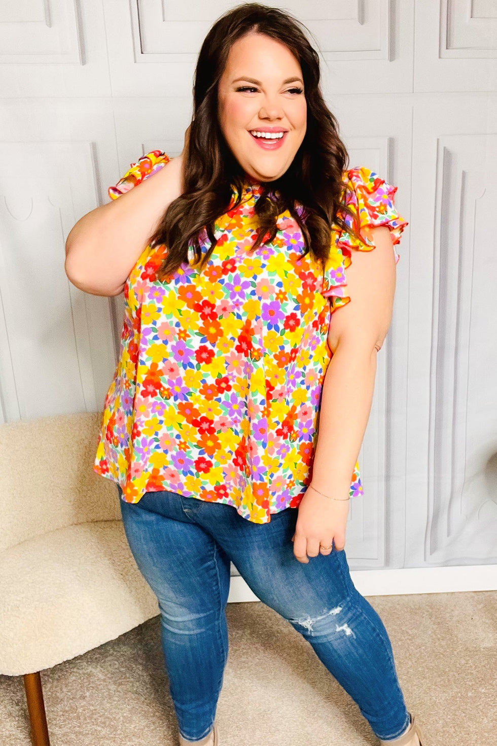Flower Power Ivory & Red Floral Mock Neck Flutter Sleeve Top – Charming ...