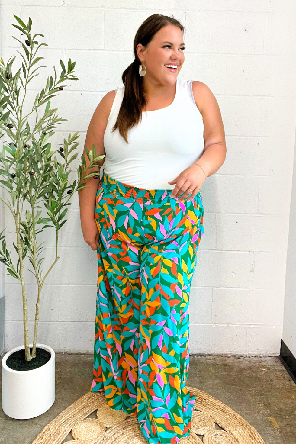 Summer Vibes Green & Orange Abstract Print Smocked Palazzo Pants ...