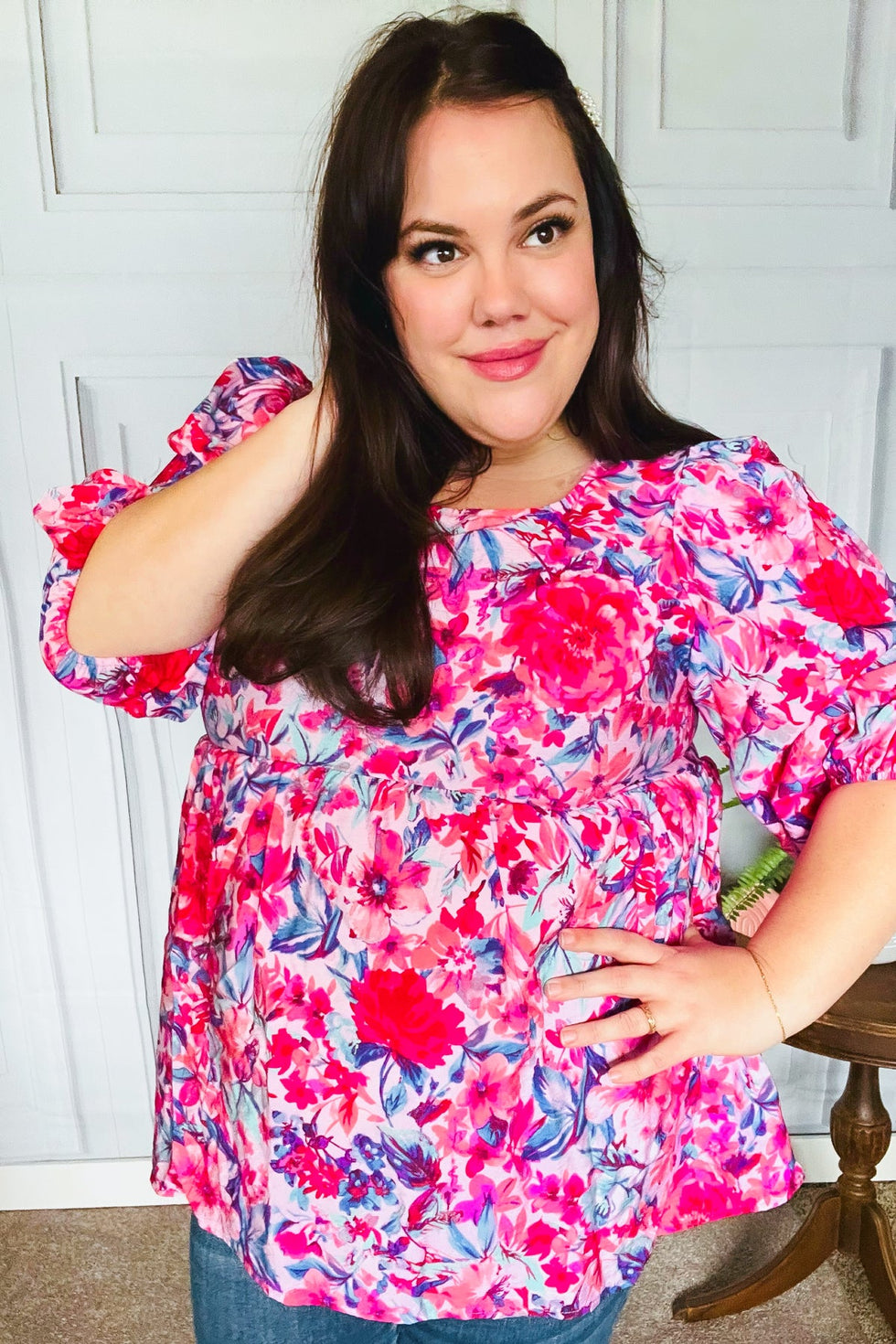 Feeling Femmi Pink & Fuchsia Floral Peplum Woven Top – Charming Charlie