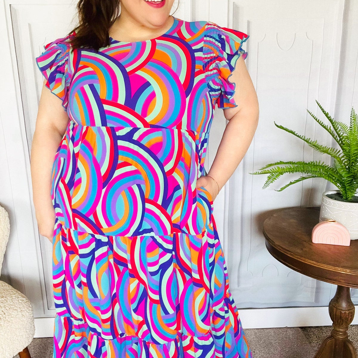 Feel Your Best Purple Abstract Print Smocked Ruffle Sleeve Maxi Dress ...