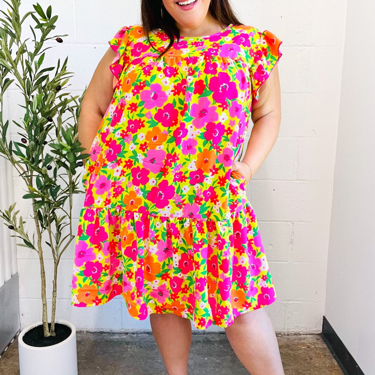 Be Charming Lime & Pink Floral Print Tiered Ruffle Sleeve Dress ...