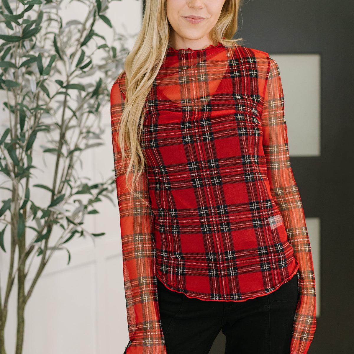 In the Present Plaid Mesh Layering Top in Red – Charming Charlie