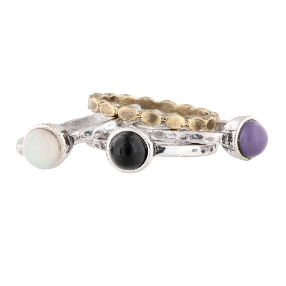 4 Mixed Metal Ring Stack, Purple Stone, Black Stone, Opal Stone and Ac ...