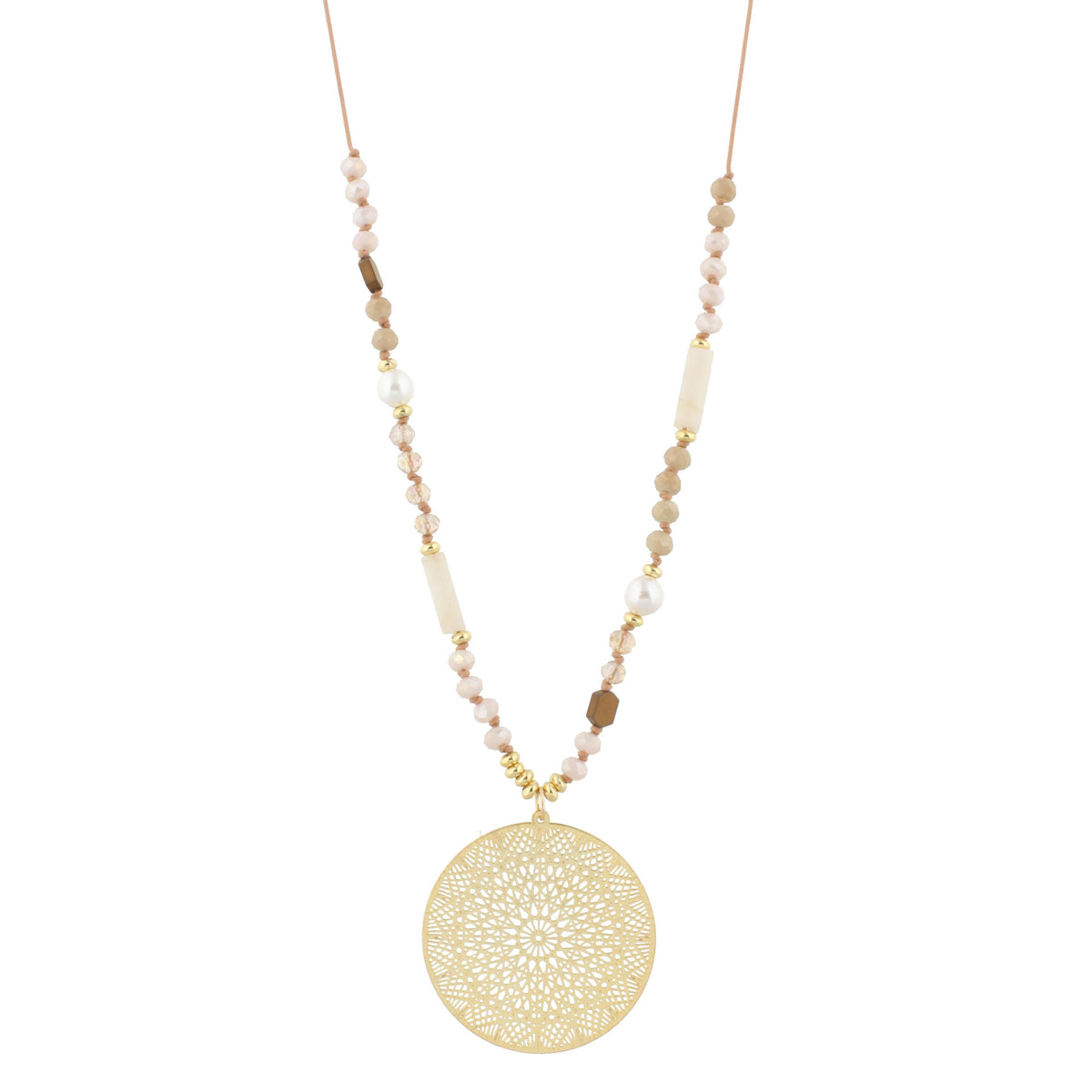 32" Adjustable Handknotted Pearl, AB, Beige Beaded Necklace with Circl ...