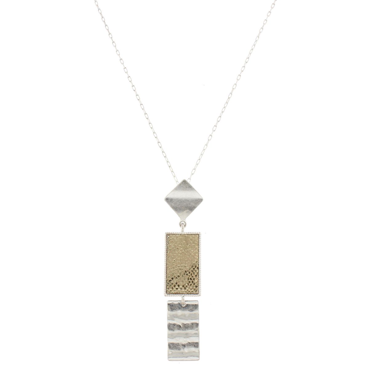 32" Silver Chain Necklace with Silver Square, Light Gold Leather Recta ...