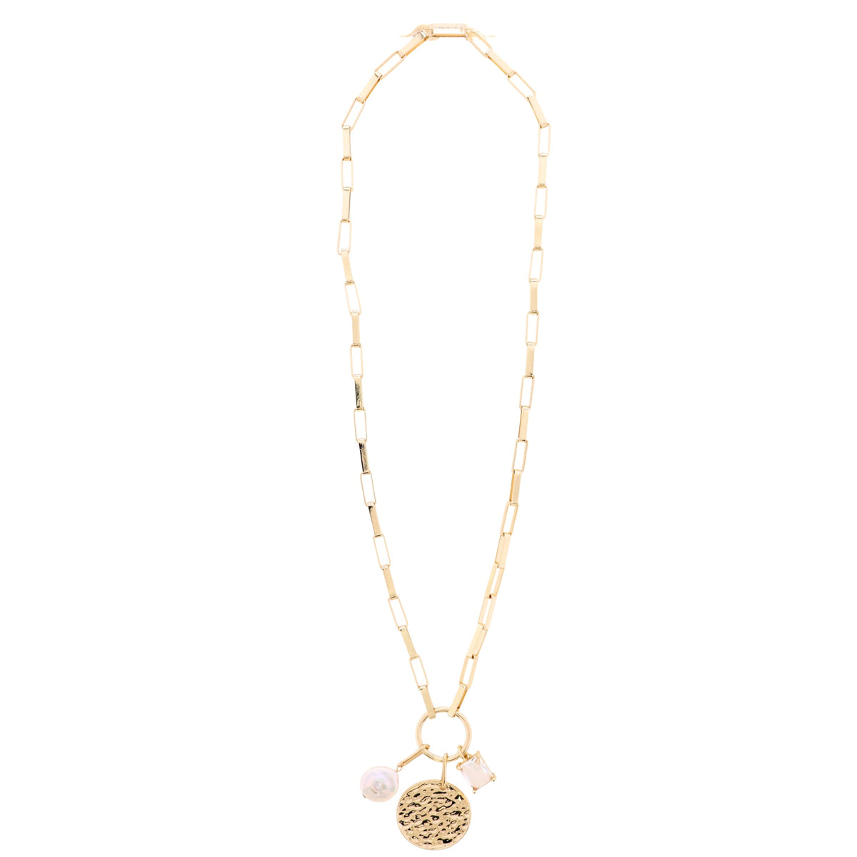 18K Gold Plated Gold Large Box Chain Necklace with Gold Hammered Disk ...