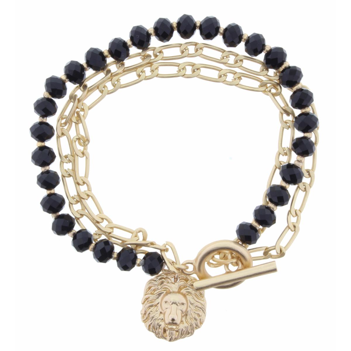 3 Strand, Jet Beaded, 2 Gold Chains with Lion Head Toggle Bracelet ...