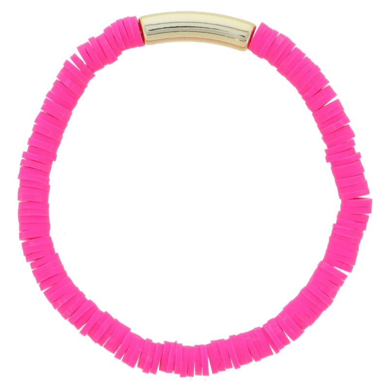 Hot Pink Rubber Sequin Beaded with Tubular Gold Bar Bracelet, 7.5" Aro ...