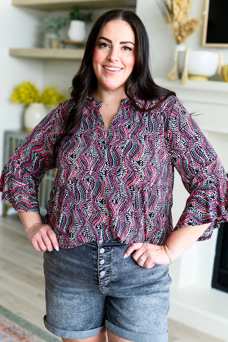 Lizzy Bell Sleeve Top in Black and Pink Rope – Charming Charlie