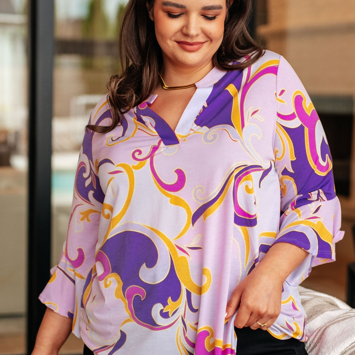 Lizzy Bell Sleeve Top in Regal Lavender and Gold – Charming Charlie
