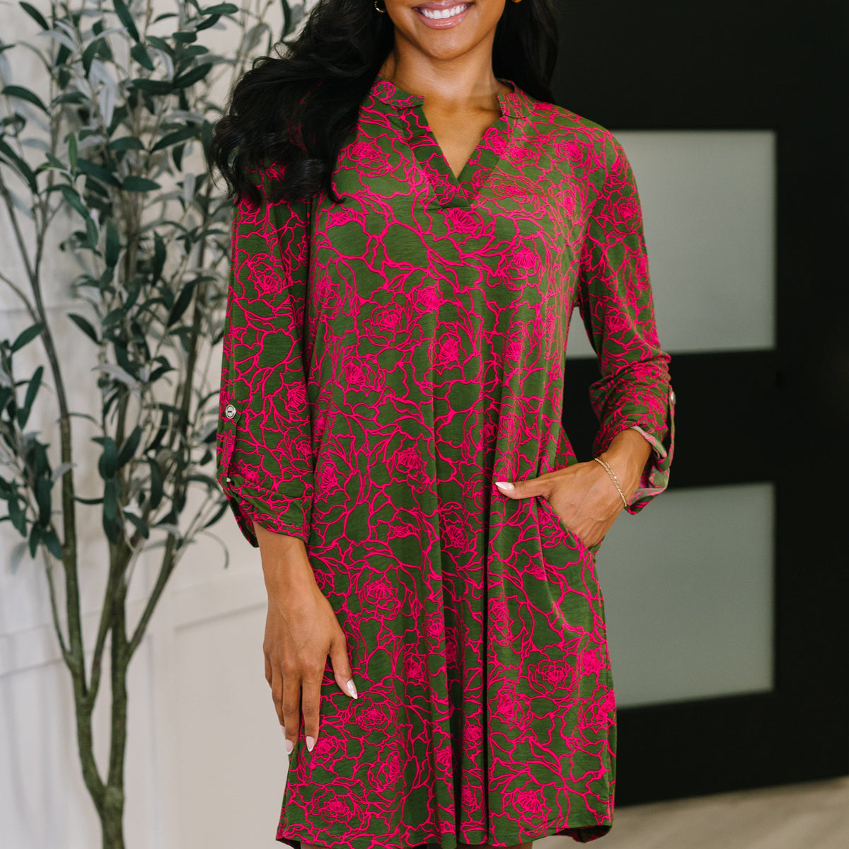 Lizzy Long Sleeve Dress in Pink and Olive Abstract Floral – Charming ...
