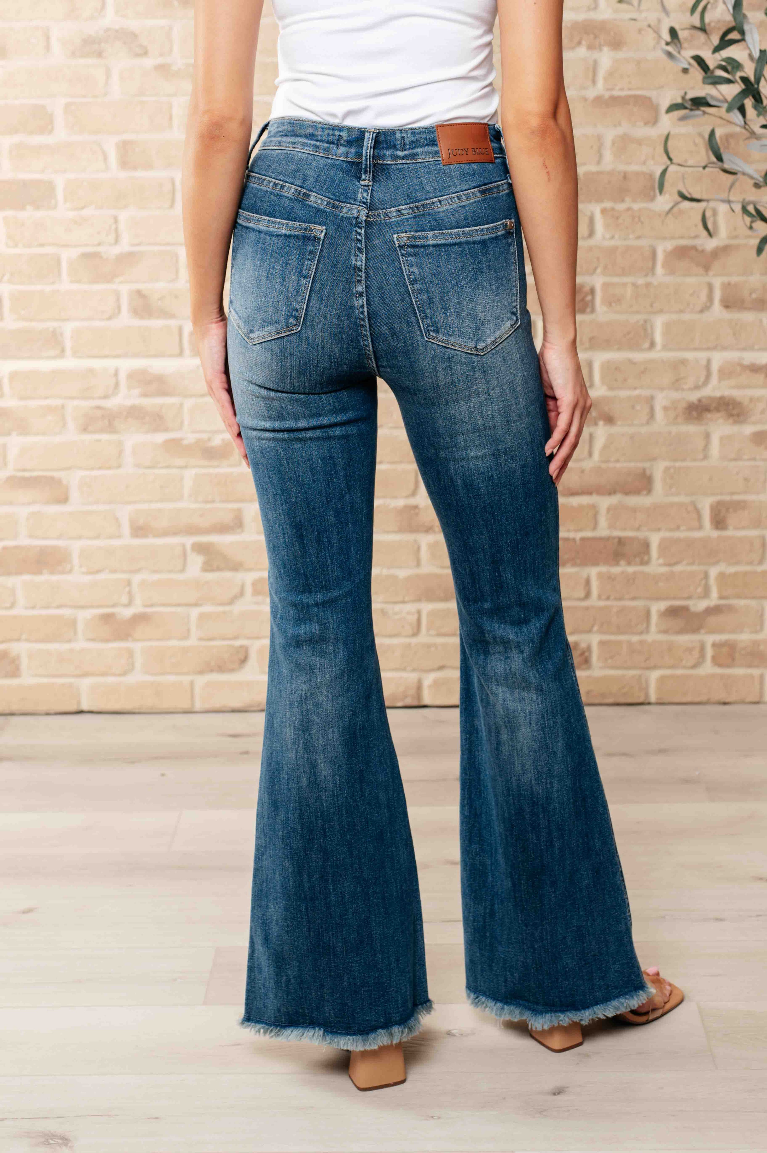 Miley High Waist Control Top Frayed Hem Flare Jeans – Charming Charlie
