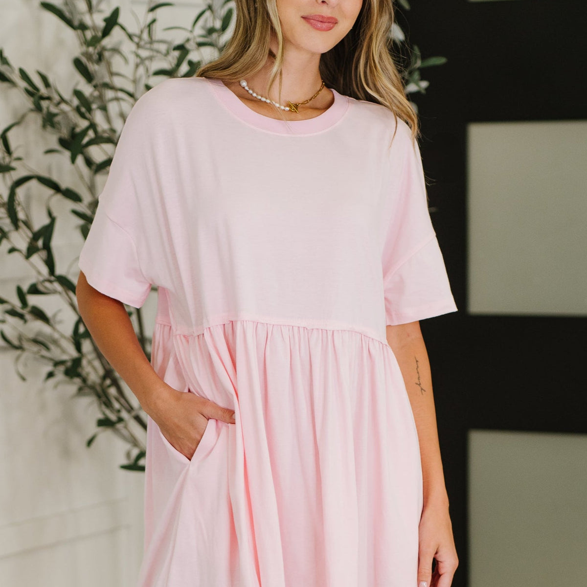 PREORDER: Relaxed Drop Shoulder Dress in Light Pink – Charming Charlie
