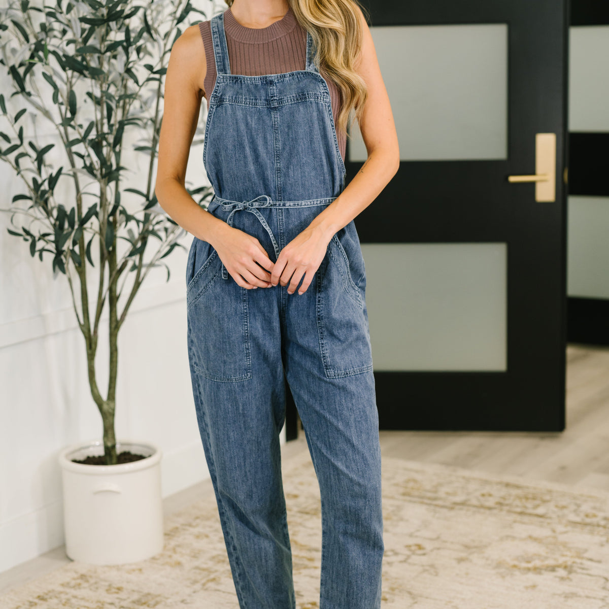 Too Cute to Compute Waist Tie Overalls in Dark Blue – Charming Charlie