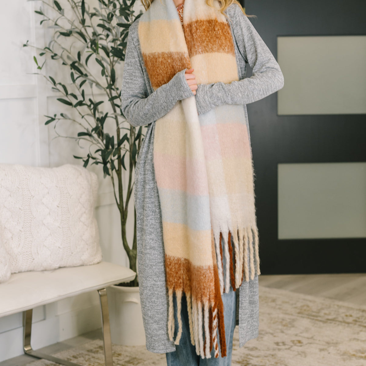 Wanderlust Wrap Oversized Plaid Fringe Scarf in Light Brown – Charming ...