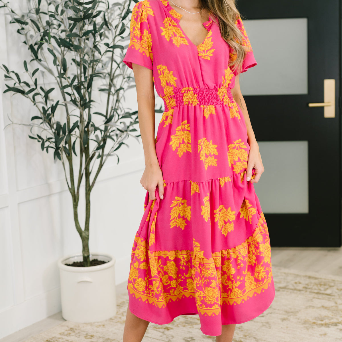 Whispering Willow V-Neck Dress in Fuchsia – Charming Charlie