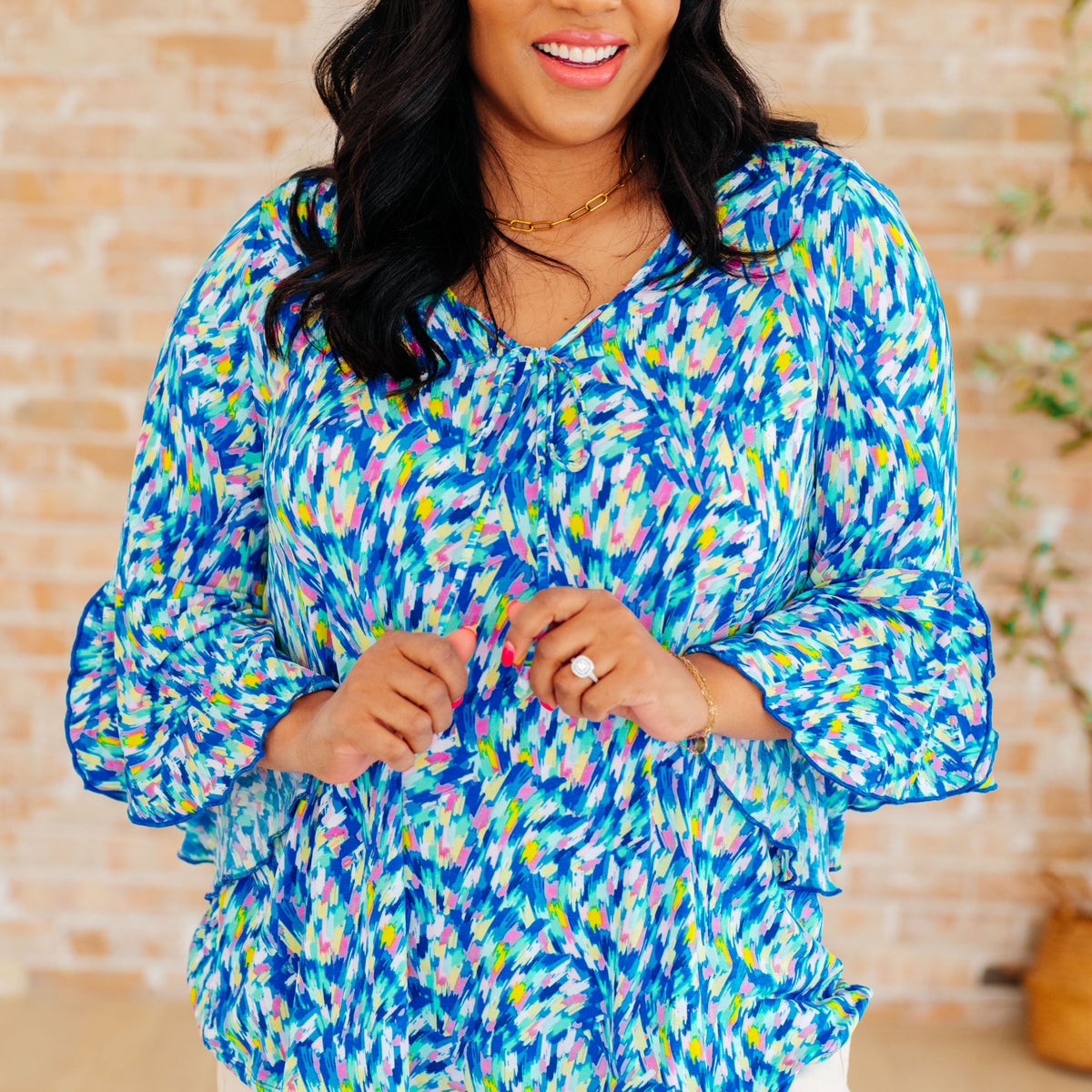 Willow Bell Sleeve Top in Royal Brushed Multi – Charming Charlie