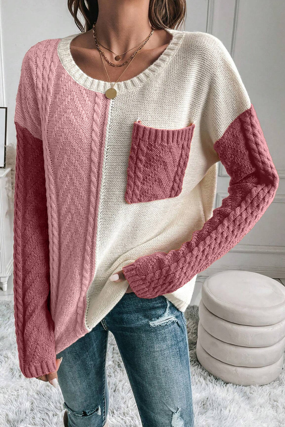 Color Block Round Neck Long Sleeve Sweater – Charming Charlie