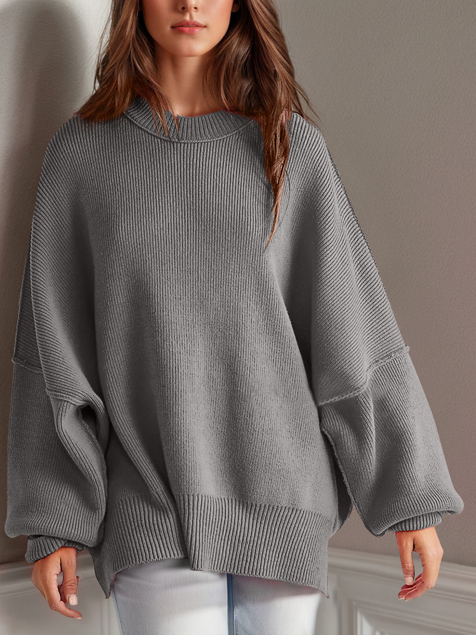 Double Take Side Slit Round Neck Long Sleeve Sweater – Charming Charlie