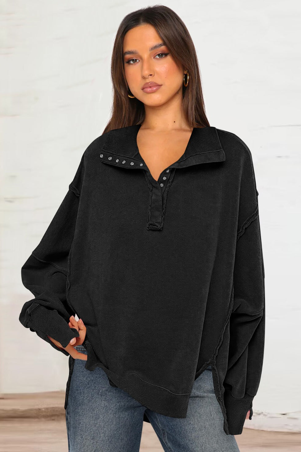Exposed Seam Side Slit Long Sleeve Sweatshirt – Charming Charlie