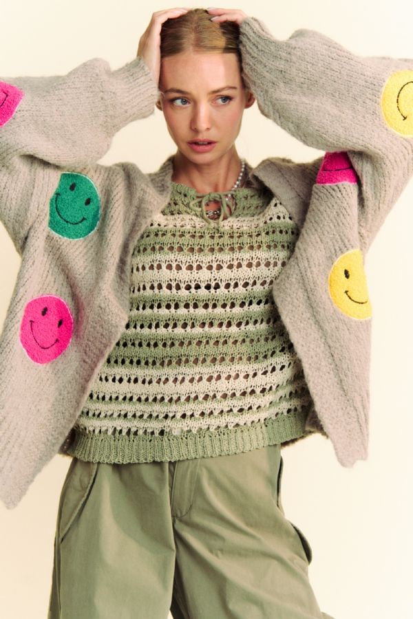 Davi & Dani Fuzzy Smile Open Front Long Sleeve Cardigan – Charming Charlie