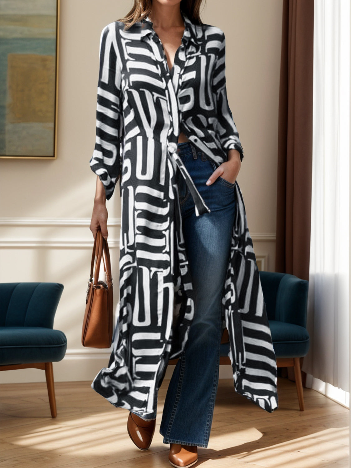 Contrast Collared Neck Long Sleeve Longline Shirt – Charming Charlie