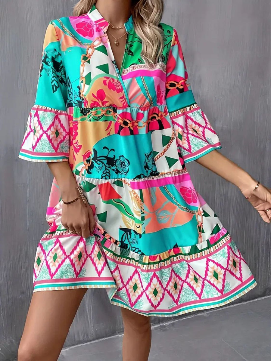 Printed Notched 3/4 Sleeve Tiered Dress – Charming Charlie