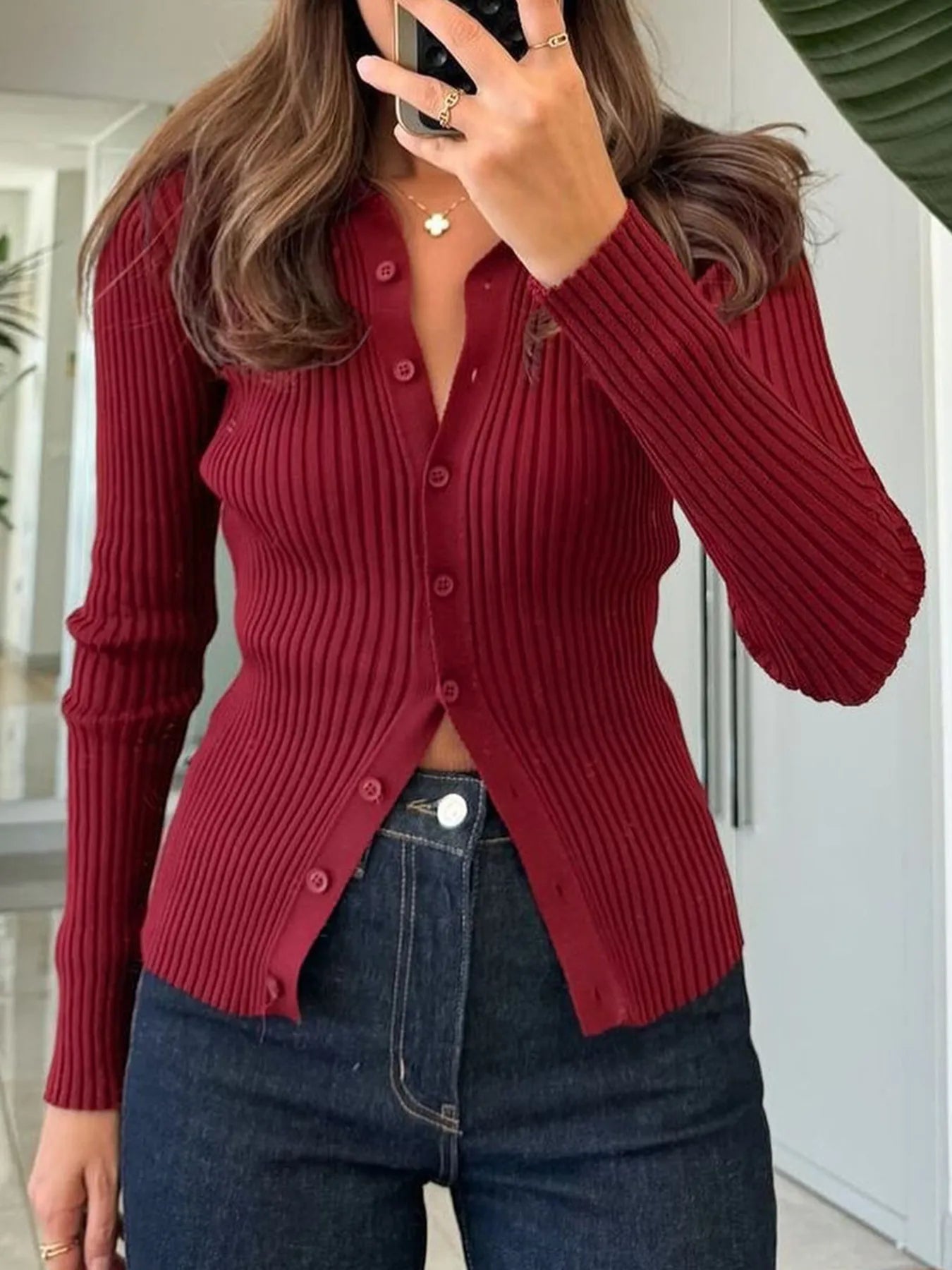 Ribbed Button-Front Long Sleeve Cardigan – Charming Charlie