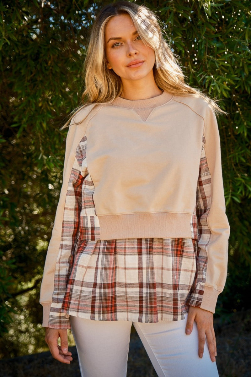 And The Why Full Size Double Layered Plaid Contrast Sweatshirt ...