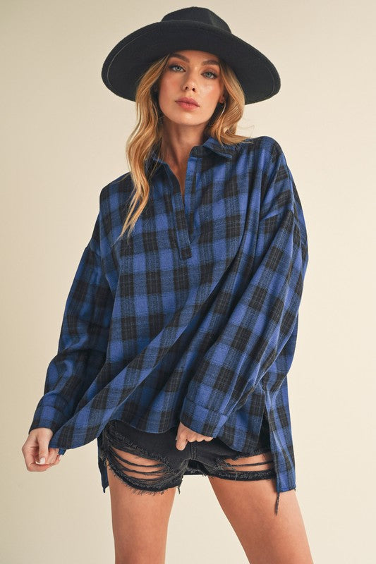 Aemi + Co Side Slit High-Low Plaid Long Sleeve Polo Shirt – Charming ...