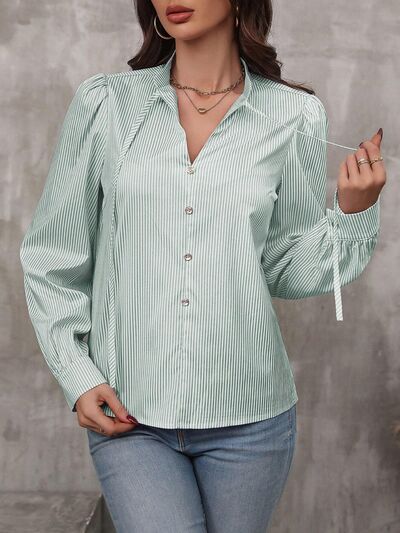 Striped Tie Neck Long Sleeve Shirt – Charming Charlie