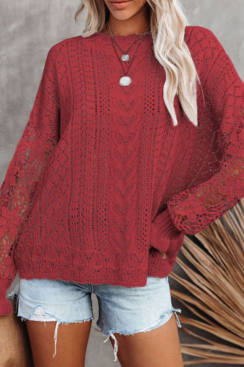 Openwork Round Neck Long Sleeve Sweater – Charming Charlie