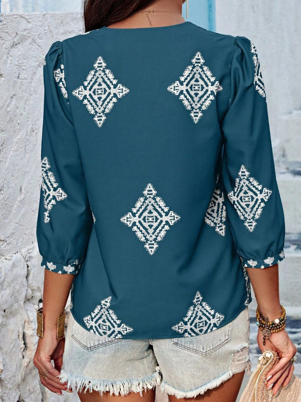 Printed V-Neck Three-Quarter Sleeve Blouse – Charming Charlie