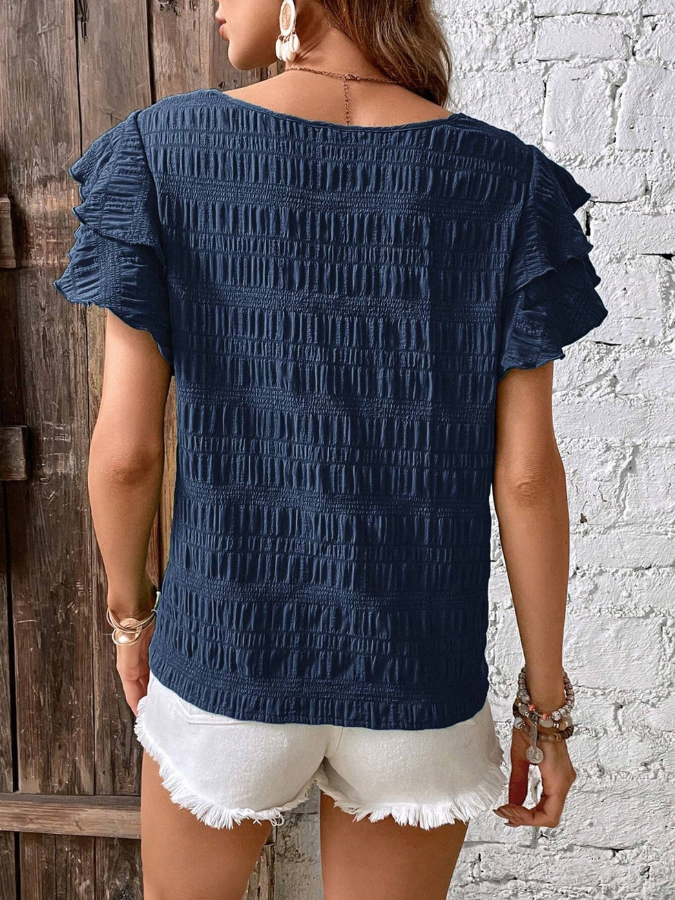 Round Neck Flounce Sleeve Blouse – Charming Charlie