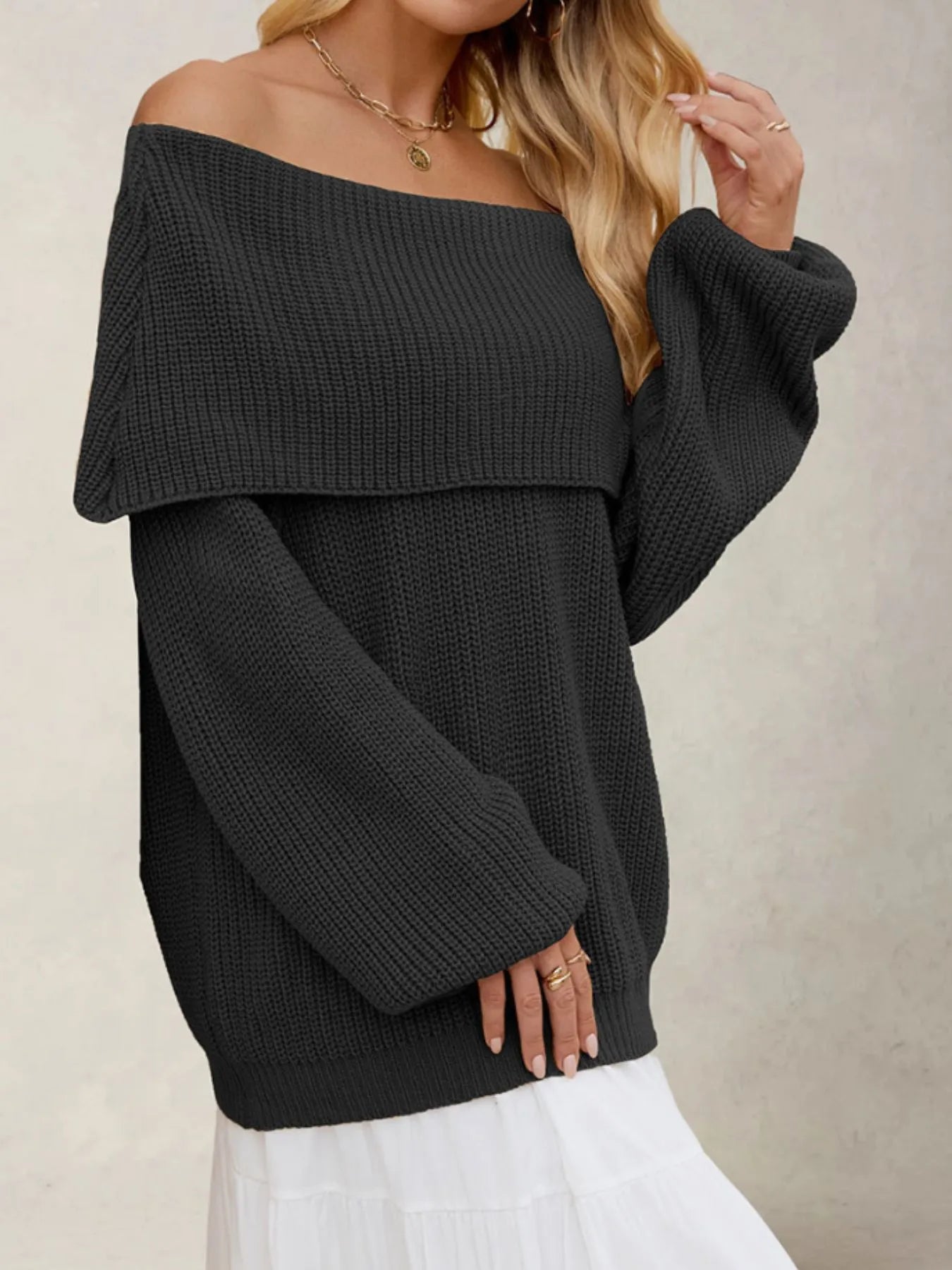 Fold-Over Collar Long Sleeve Sweater – Charming Charlie