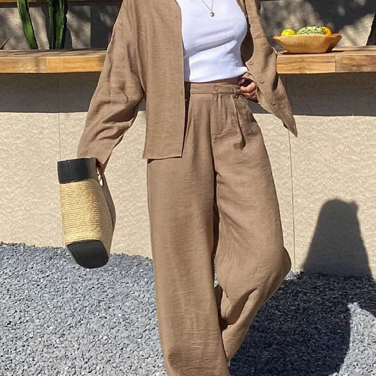 Full Size Relaxed Fit Button Up Shirt and Pants Two-Piece Set Plus Siz ...