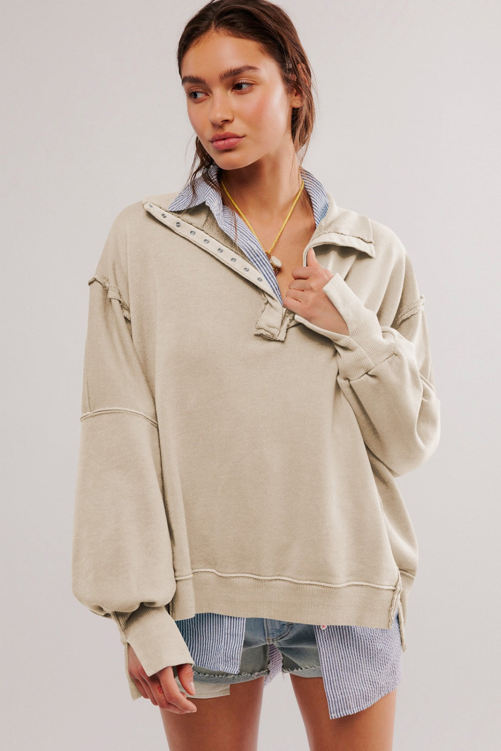 Exposed Seam Side Slit Long Sleeve Sweatshirt – Charming Charlie