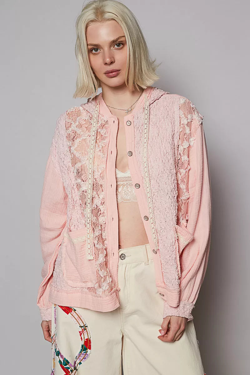 POL Exposed Seam Button Down Hooded Jacket with Lace Detail – Charming ...