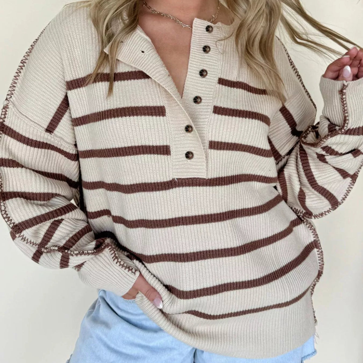 Stripe Ribbed Henley Drop Shoulder Slouchy Sweater – Charming Charlie
