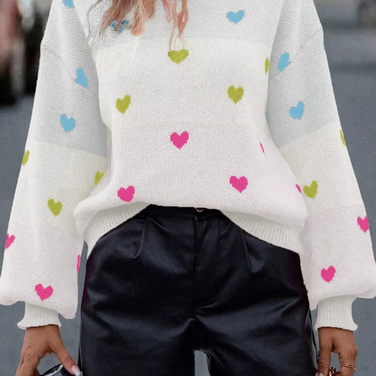 Multicolour Heart Pattern Dropped Shoulder Sweater – Charming Charlie