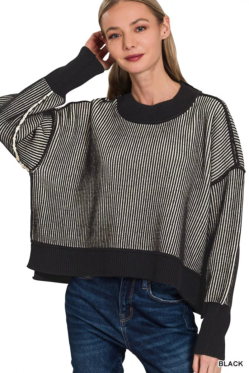 Zenana Ribbed Exposed Seam Two Tone Sweater – Charming Charlie