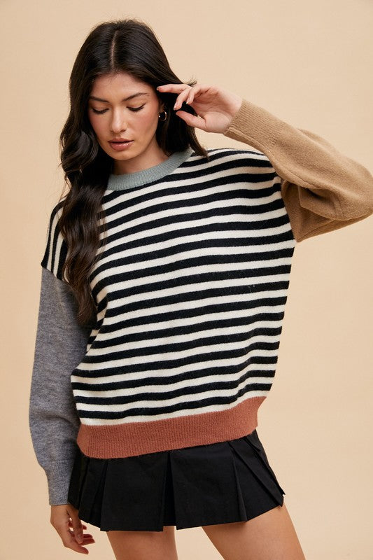 Annie Wear Striped Color Block Round Neck Sweater – Charming Charlie