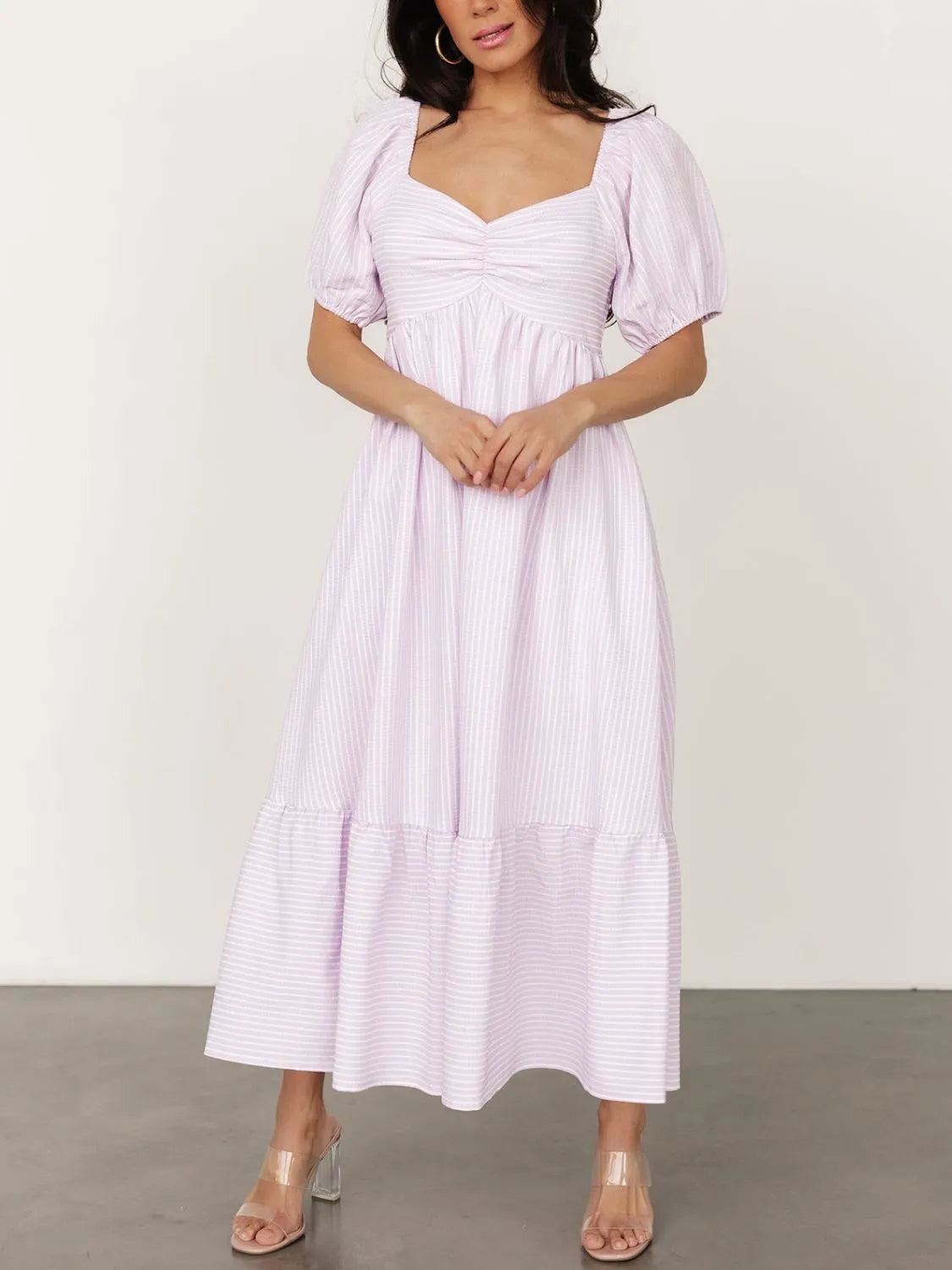 Striped Sweetheart Neck Puff Sleeve Midi Dress – Charming Charlie