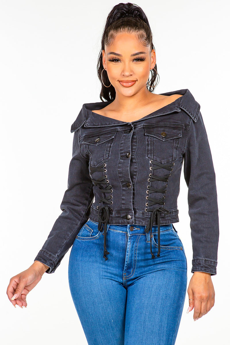 American Bazi Off Shoulder Lace Up Denim Jacket – Charming Charlie