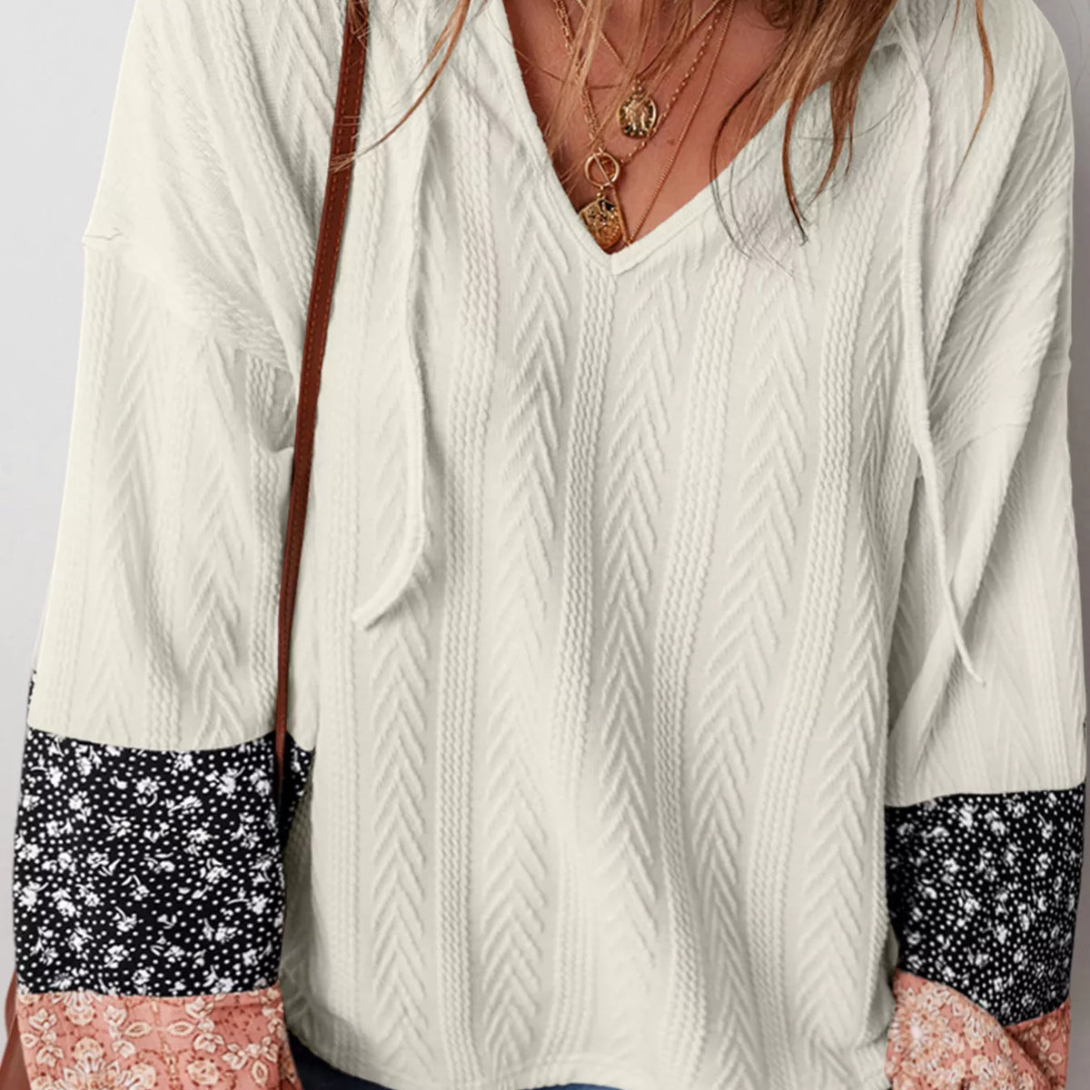 Floral Patchwork Textured Knit Drawstring V Neck Blouse – Charming Charlie