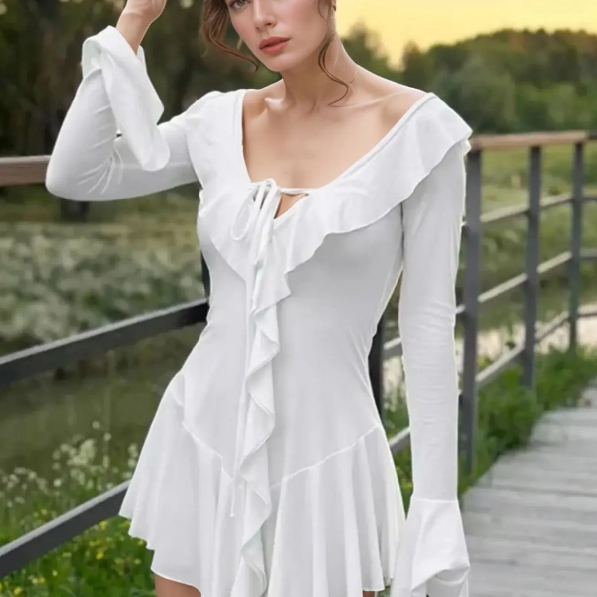 Ruffle V-Neck Flounce Sleeve Mini Dress – Charming Charlie