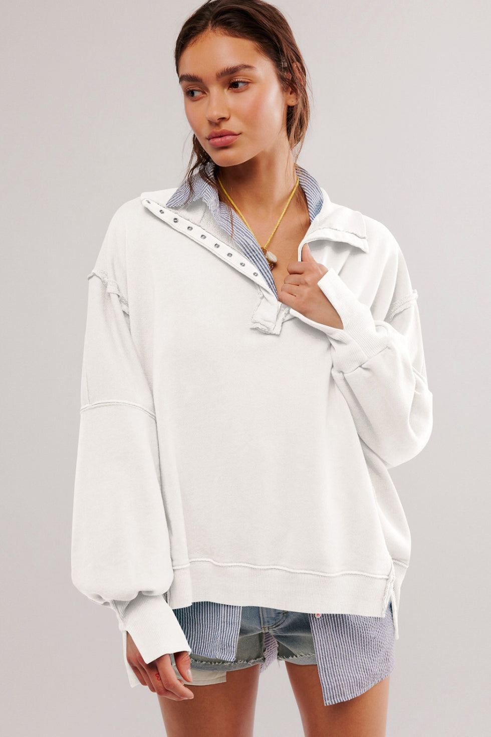 Exposed Seam Side Slit Long Sleeve Sweatshirt – Charming Charlie